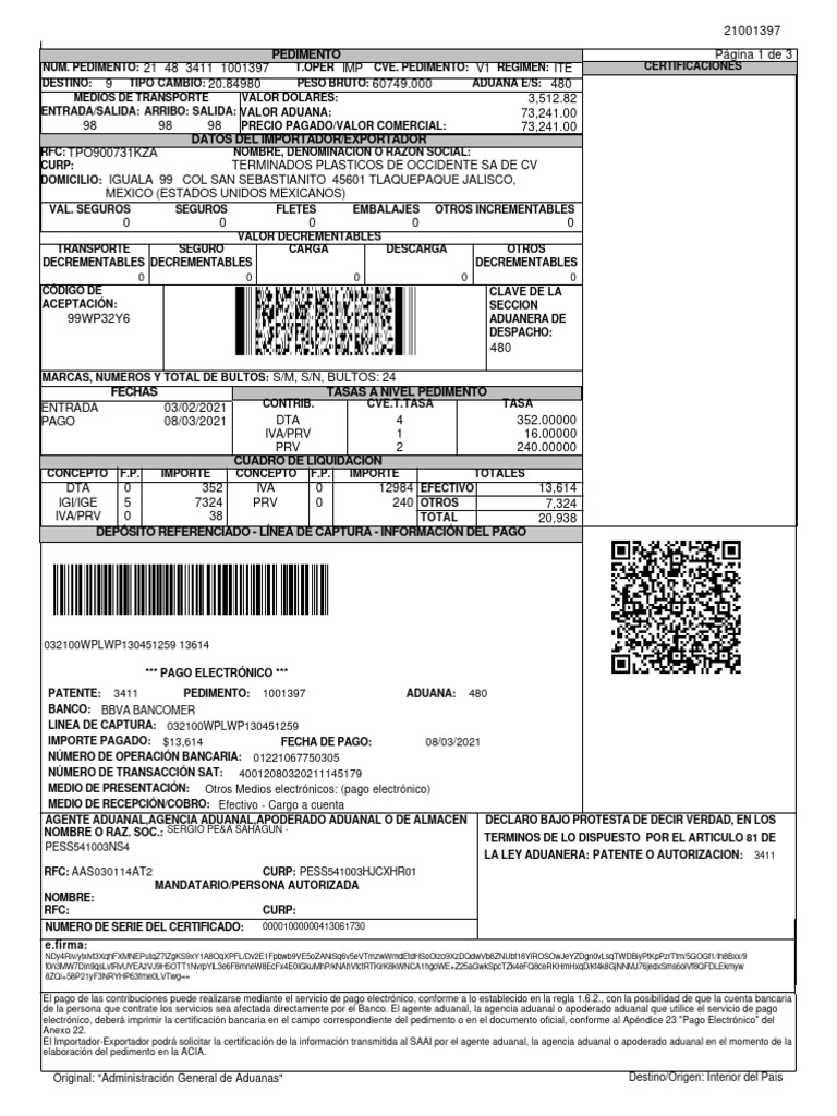 Pedimento Aduanero 21001397 Detalles | PDF | aduana | Comercio