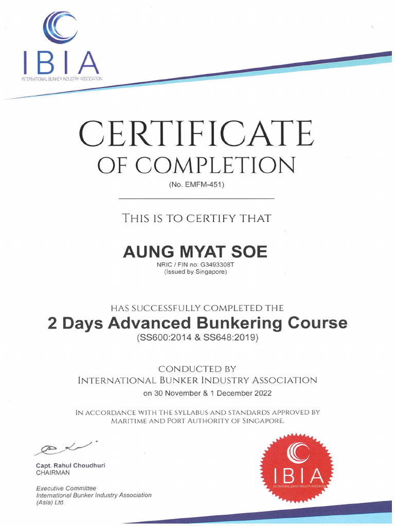 Aung Myat Soe - 2 Days Bunkering Cert | PDF