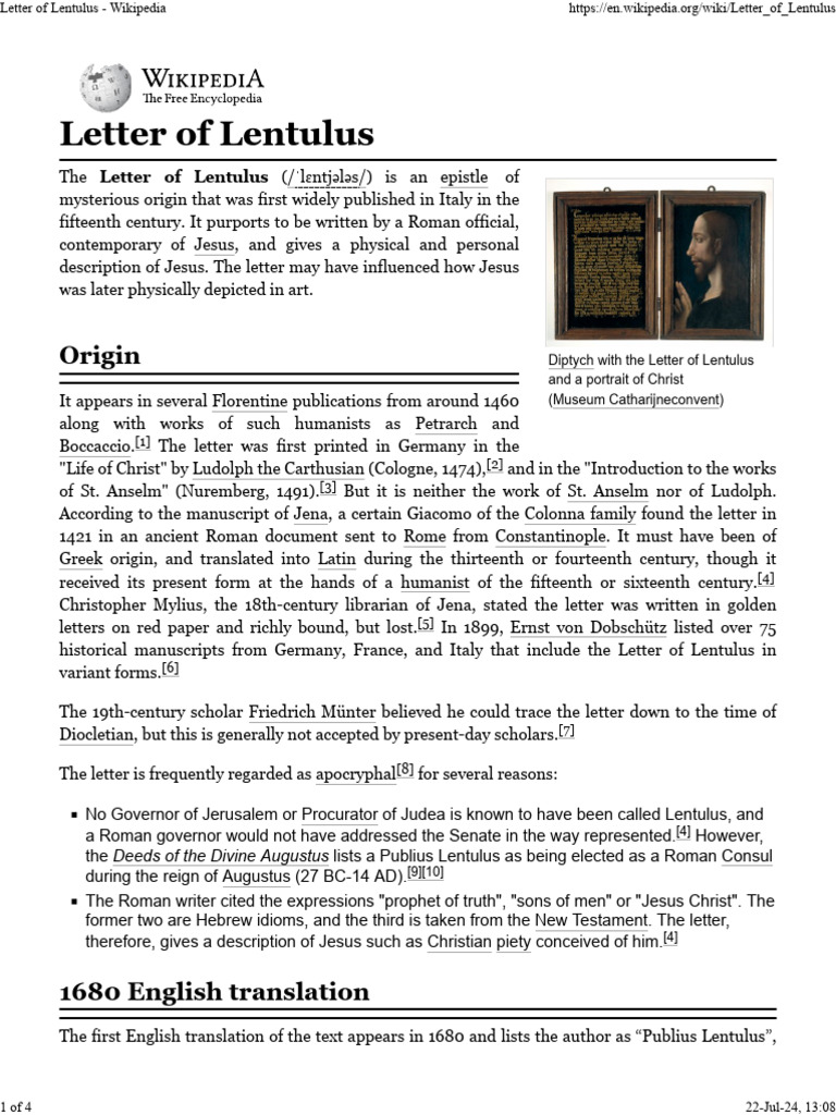Letter of Lentulus - Wikipedia | PDF