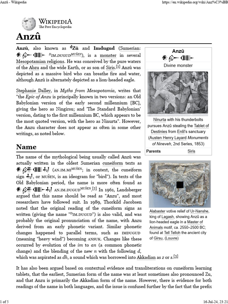 Anzû - Wikipedia | PDF | Mythological Characters | Middle Eastern Mythology