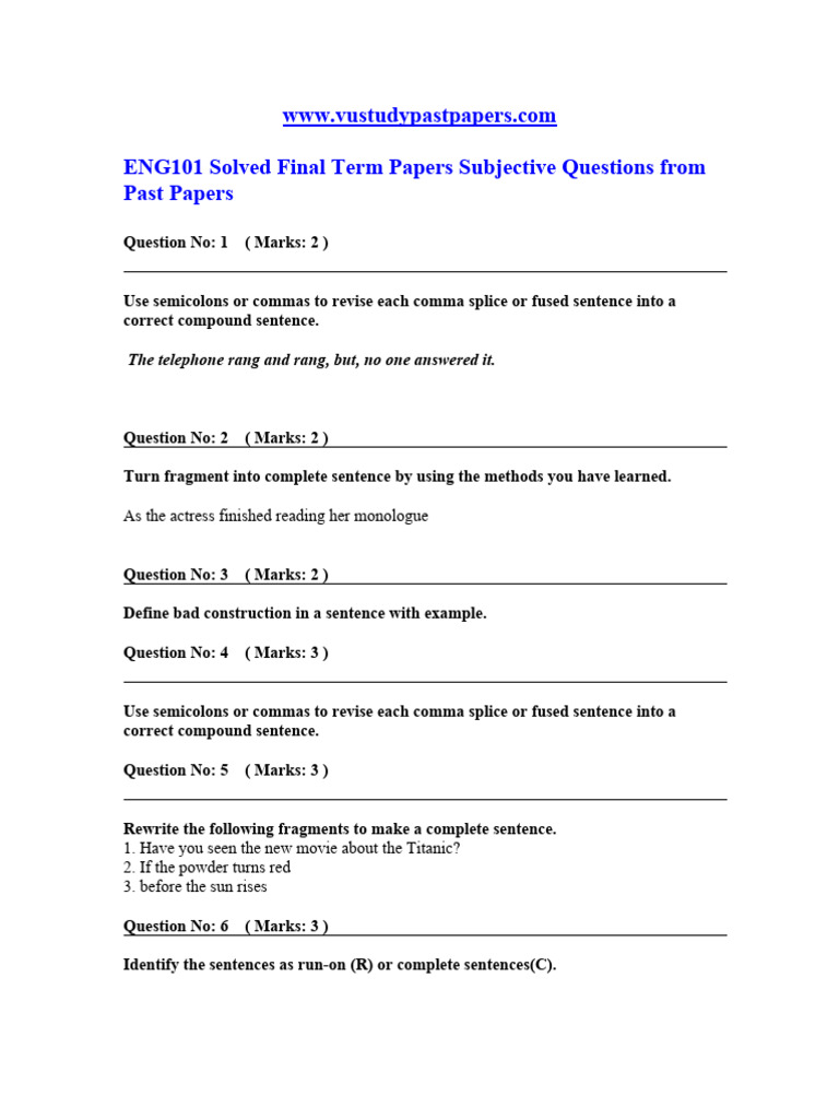 ENG101 Final Term Past Paper Questions | PDF | Linguistics | Language ...