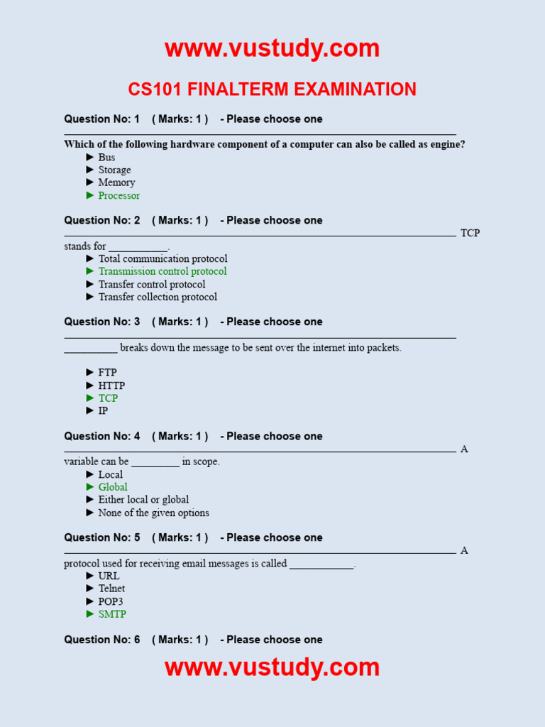 CS101 Finalterm Solved MCQs Subjective Papers | PDF | World Wide Web | Internet & Web