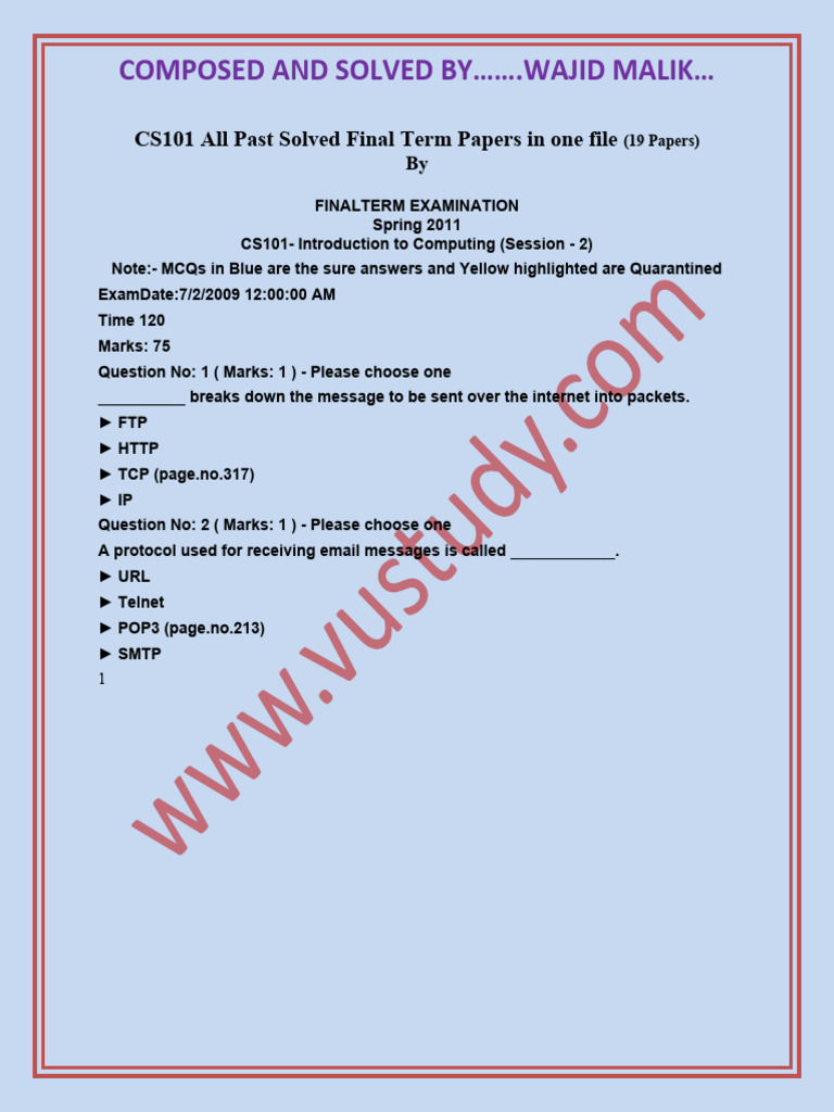 CS101 Solved Finalterm MCQs Subjective by Wajid Ali | PDF | World Wide Web | Internet & Web