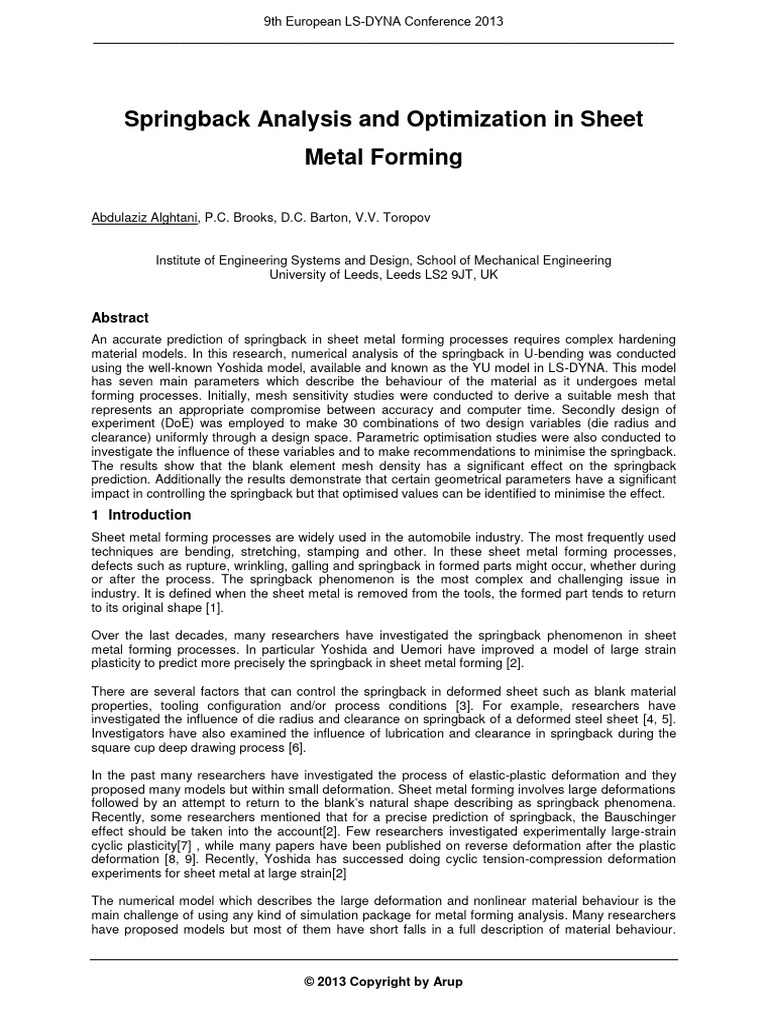 Springback Analysis and Optimization in Sheet Metal Forming | PDF | Yield (Engineering ...