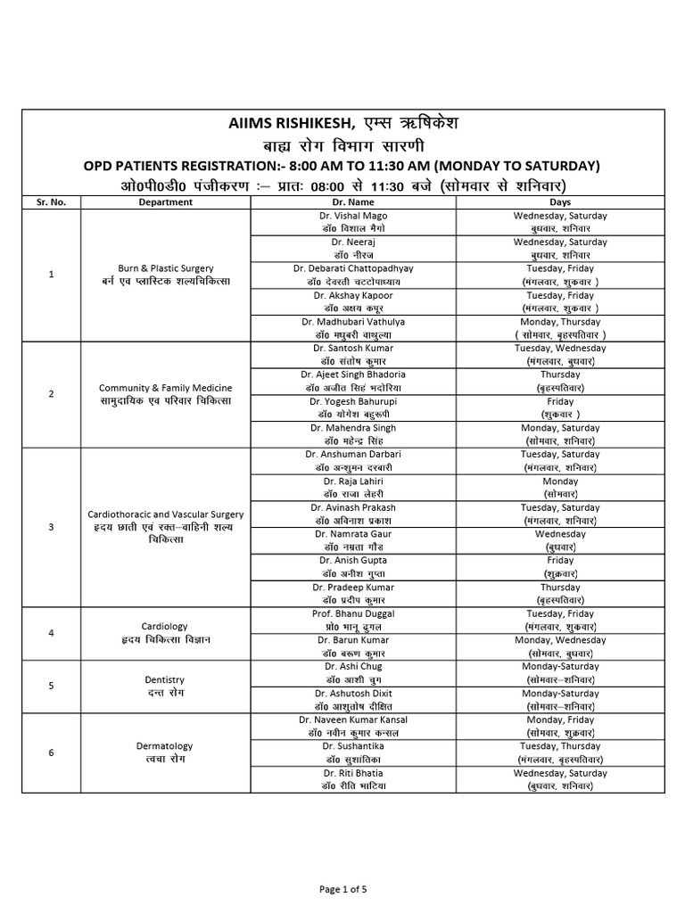OPD Schedule Updated On 04.05.2024 | PDF | Medical Specialties | Health ...