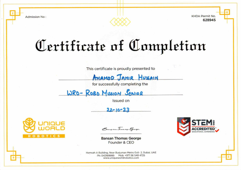 WRO 2023 Completeion Certficate | PDF