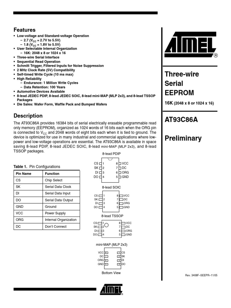 Three-Wire Serial Eeprom: Features | PDF | Computer Engineering ...