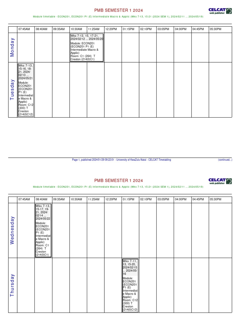 Econ201 Timetable | PDF