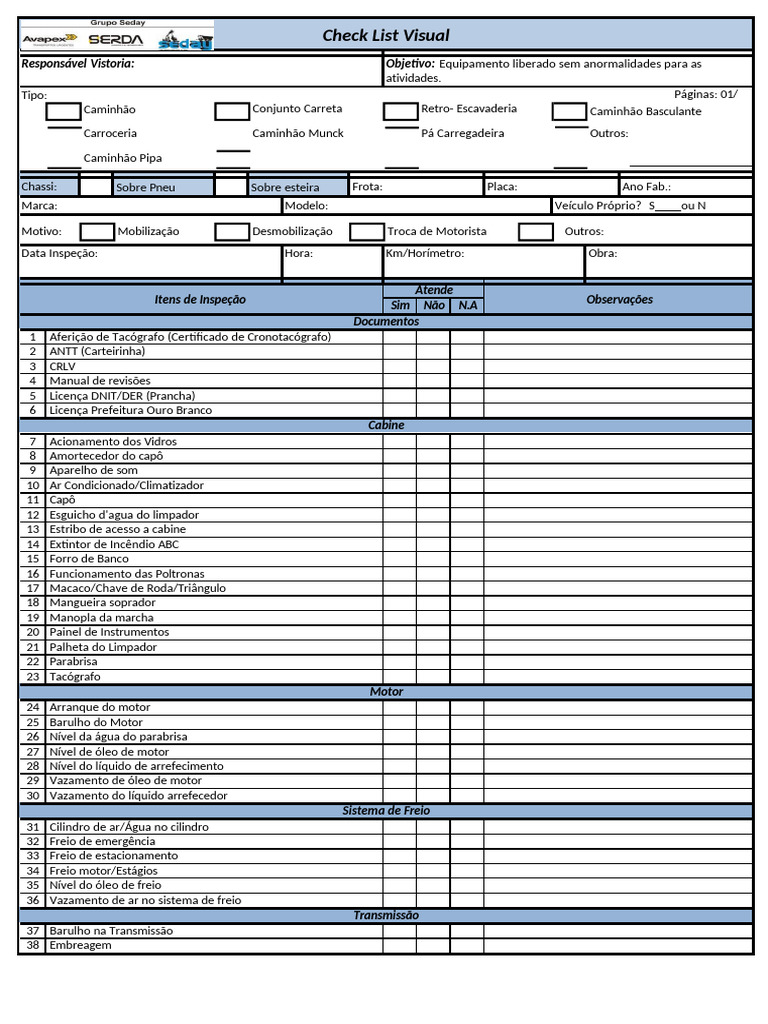 Check List Visual Manutencao | PDF | Veículos terrestres | Tecnologia de veículos