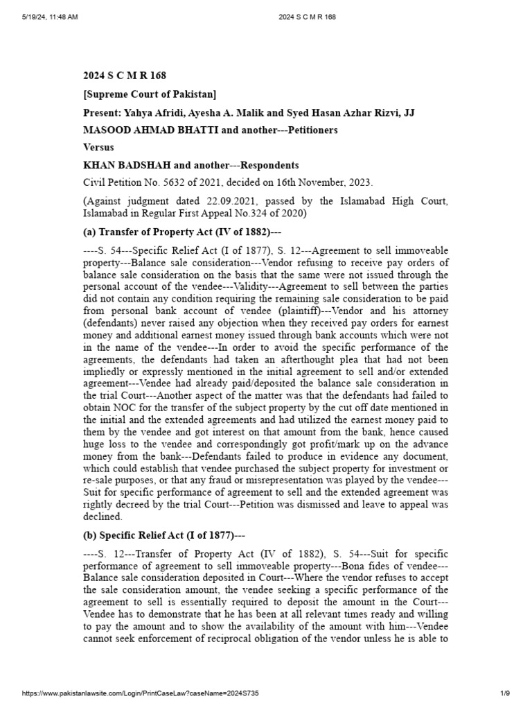 2024 S C M R 168 (Specific Performance - Balance Payment in Court ...