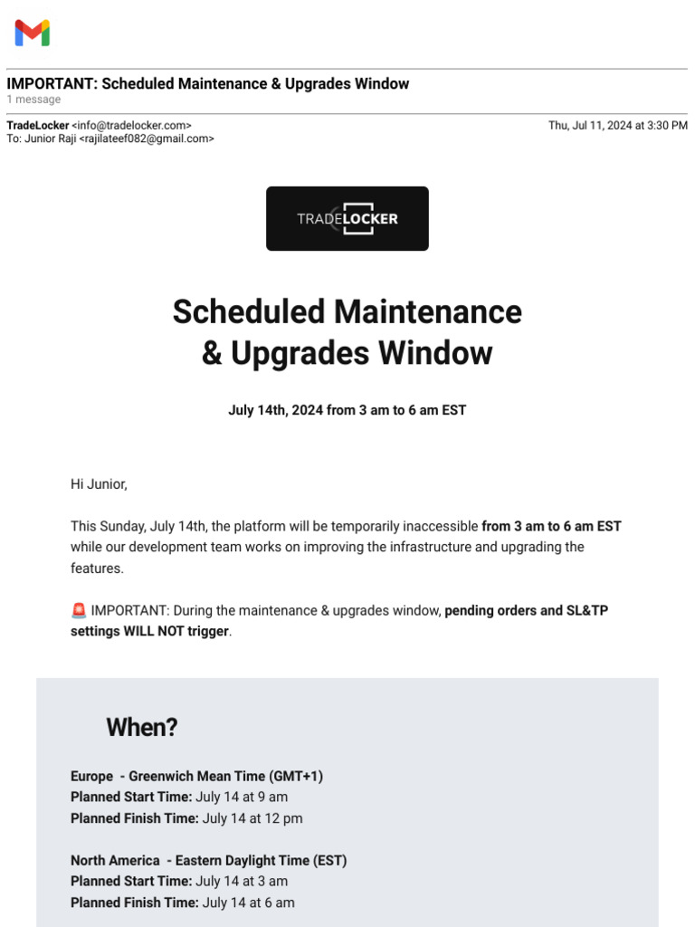 Gmail - IMPORTANT - Scheduled Maintenance & Upgrades Window | PDF