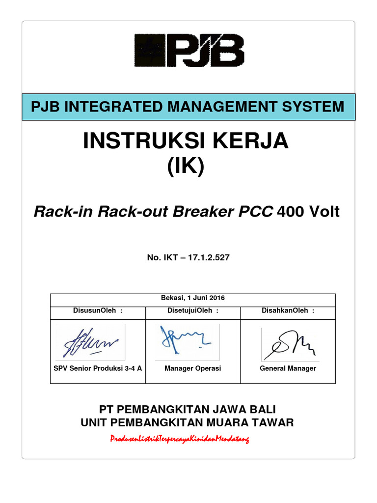 Instruksi Kerja GT Blok 3-4 Rack in Rack Out Breaker PCC 400 Volt | PDF ...