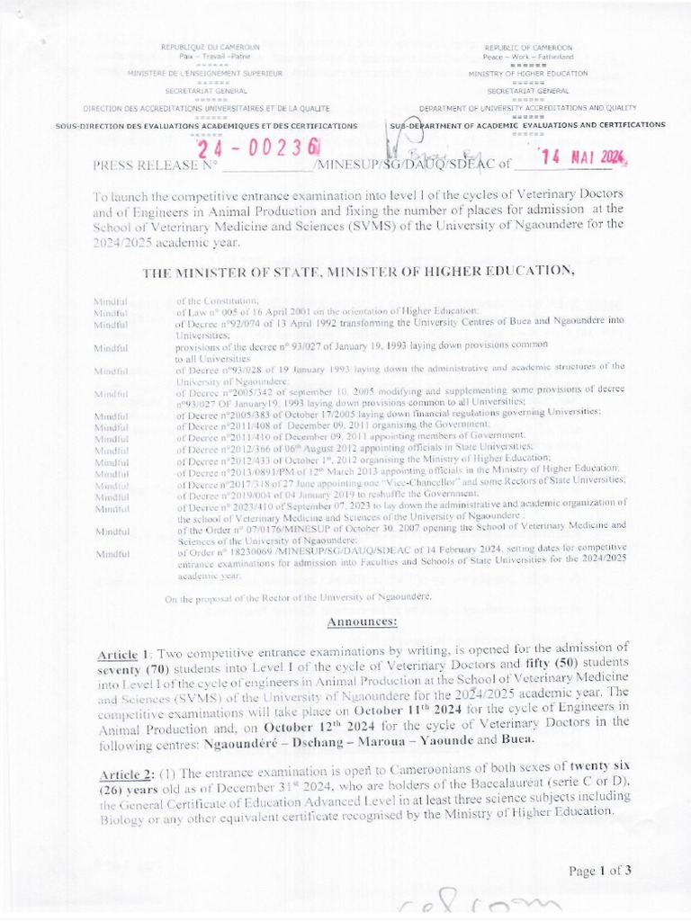 Concours ESMV UN 2024 1ere Annee Docteurs Veterinaires Ingenieurs en ...