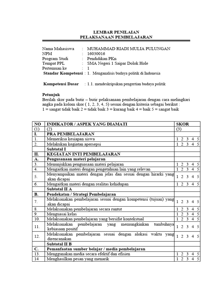 Lembar Penilaian Pelaksanaan RPP | PDF