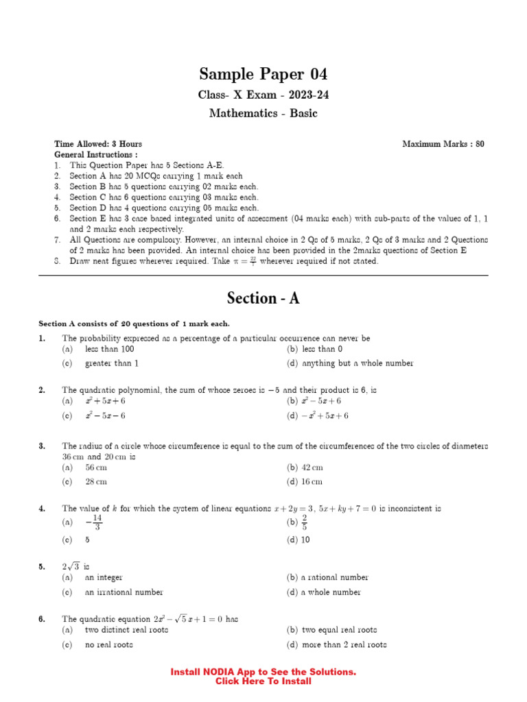 Class 10 Mathematics Sample Paper 04 | PDF | Numbers | Circle