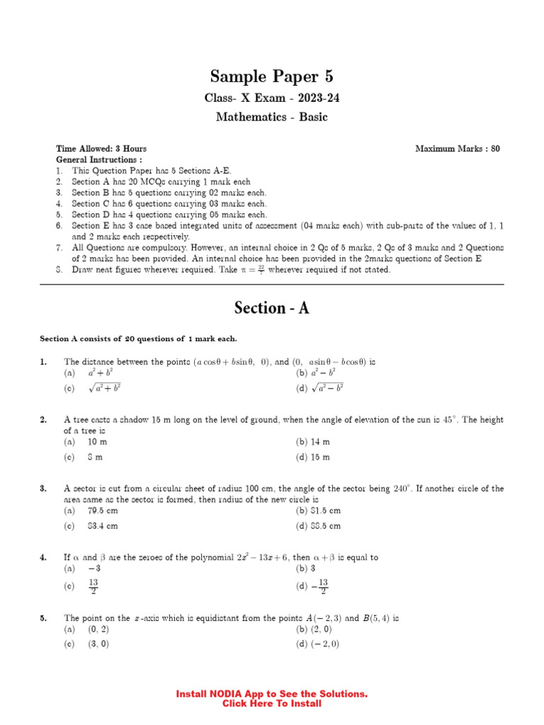 Class 10 Mathematics Sample Paper 5 | PDF | Area | Circle