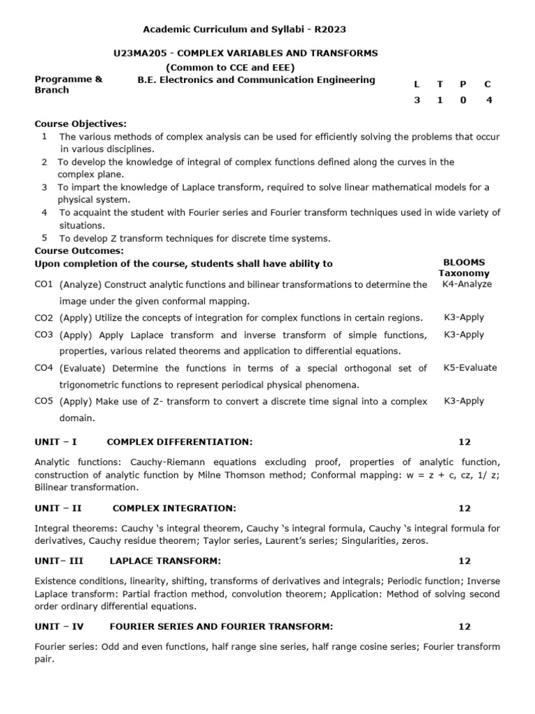U23MA205-Complex Variables and Transforms-24.01.24 | PDF | Mathematical Analysis | Function ...