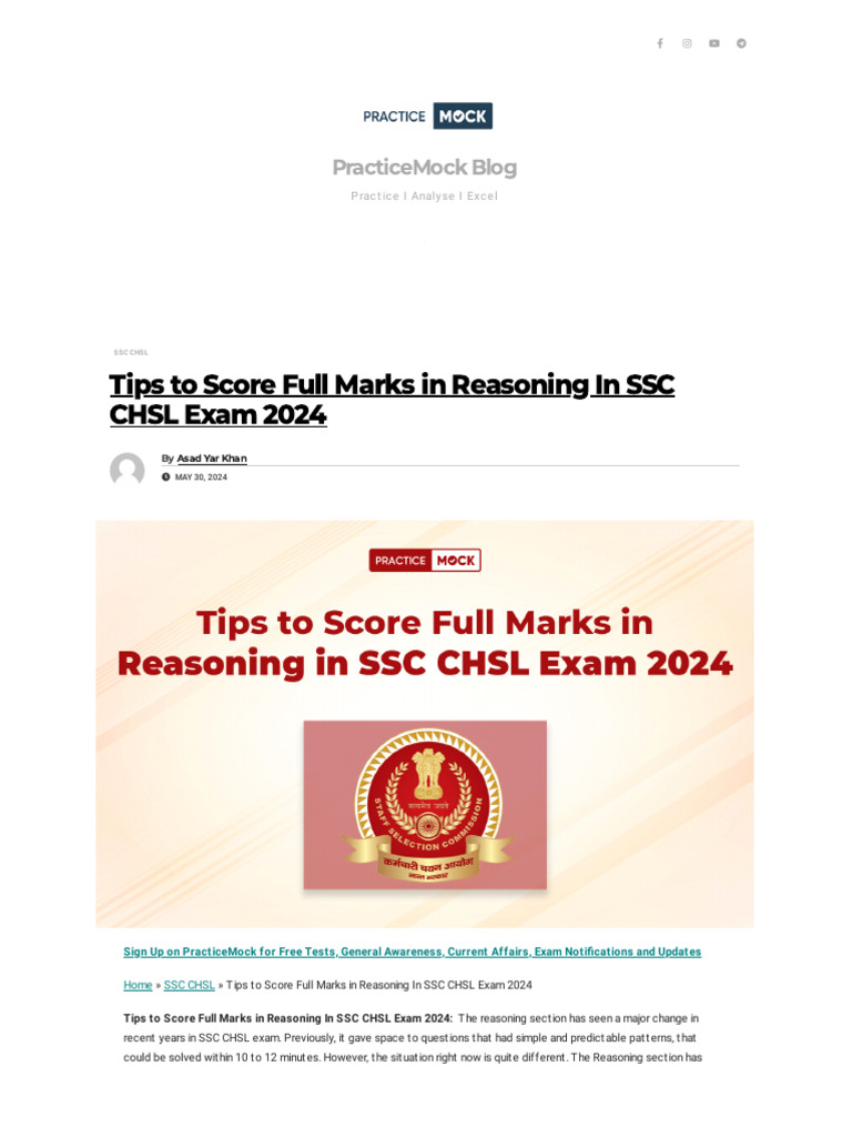 Tips To Score Full Marks in Reasoning in SSC CHSL Exam 2024 | PDF | Reason
