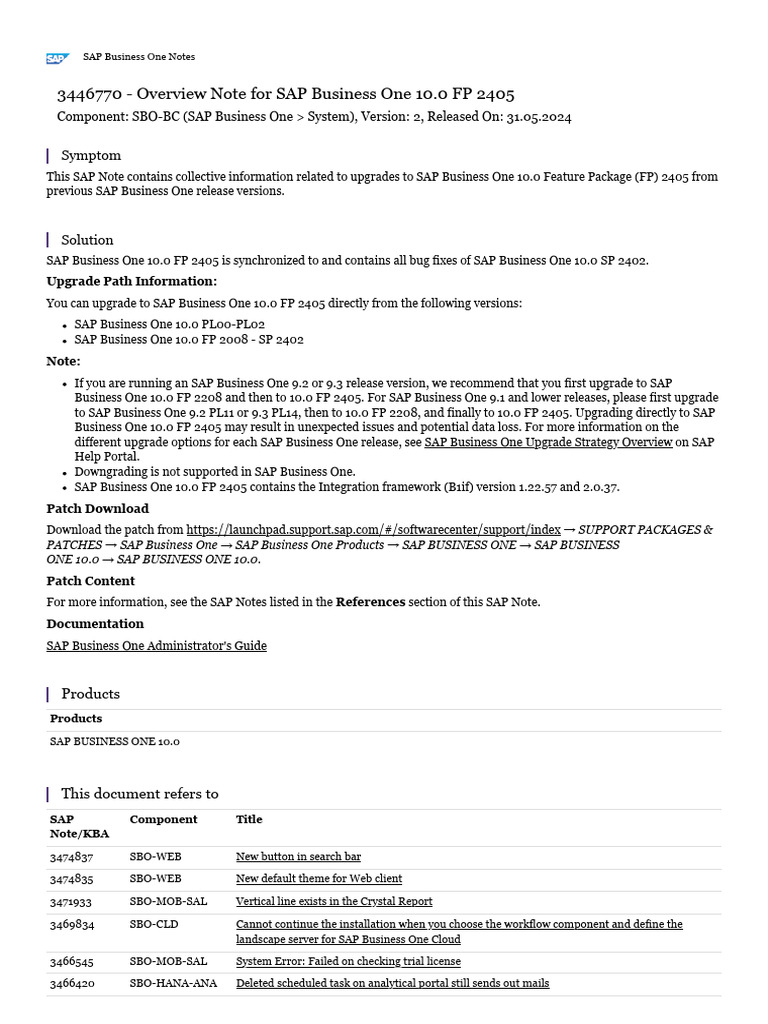 Overview Note For SAP Business One 10.0 FP 2405 | PDF | Invoice | World Wide Web