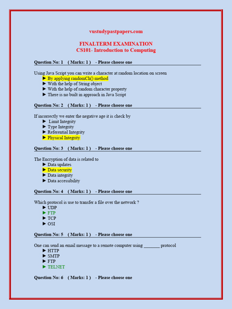 Finalterm Examination CS101-Introduction To Computing | PDF | File Transfer Protocol | Computing