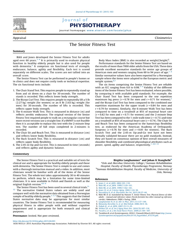 The Senior Fitness Test | PDF | Body Mass Index | Clinical Medicine
