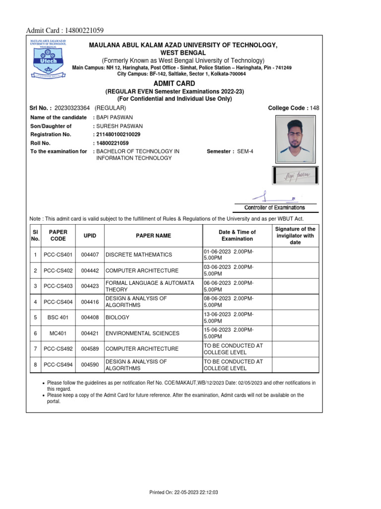 MAKAUT 4th Sem Admit Card | PDF | Computer Science | Computing