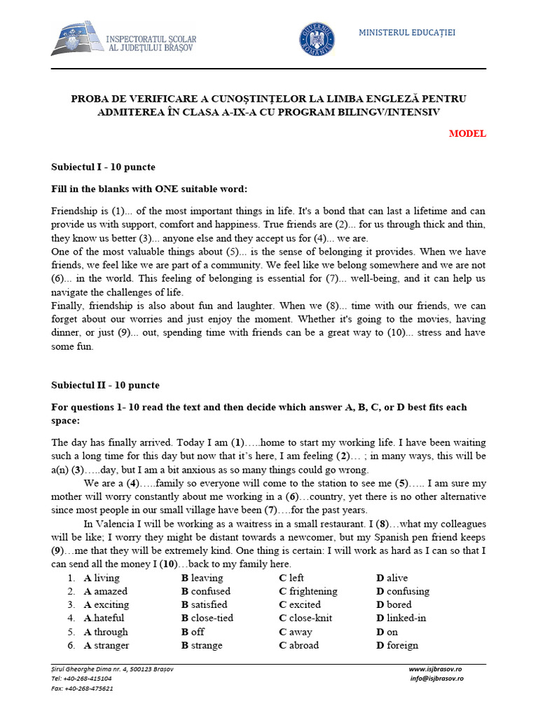 Model Subiect - Proba Scrisa - ENGLEZA 2024 | PDF