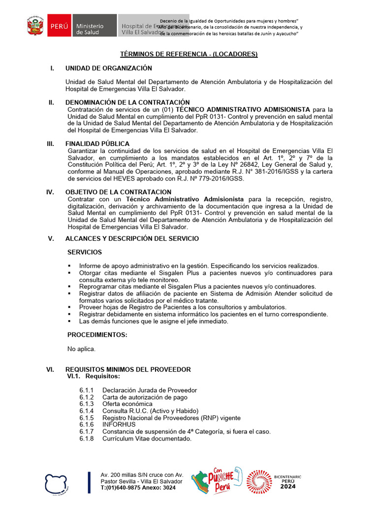 TDR 2024 Técnico Administrativo Admisionista | PDF | Hospital | Outsourcing