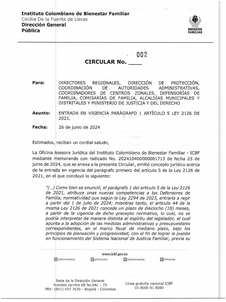 CIRCULAR 002 DEL 26 DE JUNIO 2024 ENTRADA EN VIGENCIA LEY 2126 DE 2021 | PDF