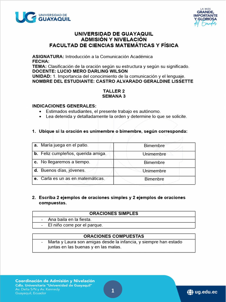Tarea U1-Clase 3-S3 | PDF | Oración (Lingüística) | Asunto (gramática)