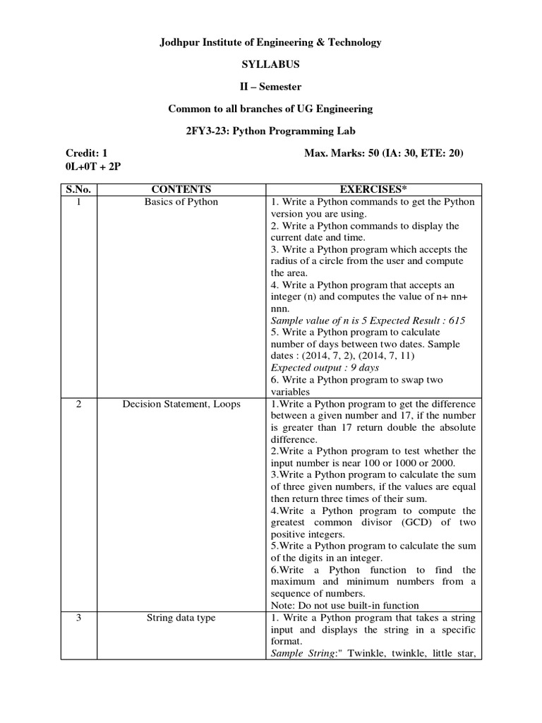 Python Programming Lab Syllabus 23 24 Pdf String Computer Science Python Programming