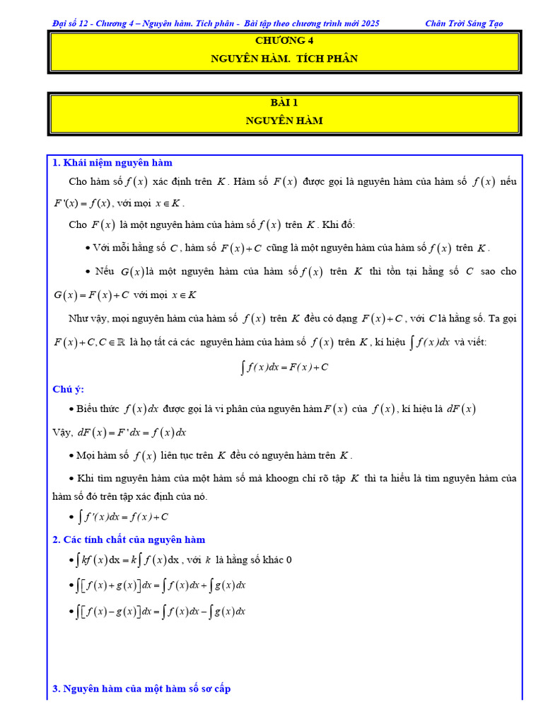 Cac Dang Bai Tap Nguyen Ham Toan 12 CTST | PDF