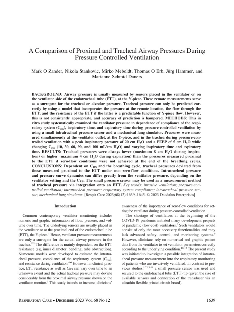 A Comparison of Proximal and Tracheal Airway Pressures During Pressure Controlled Ventilation ...