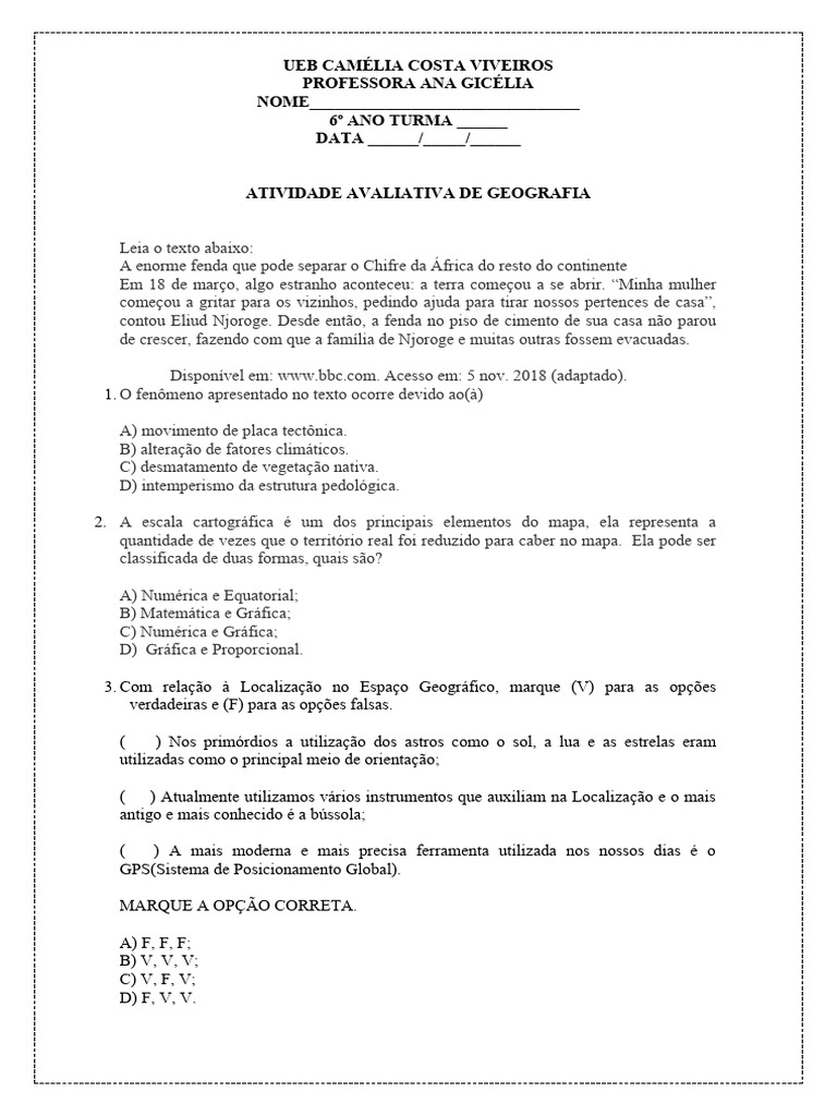 2 Aval. 2023 6º CCV-GGF | PDF | Geografia | Continente