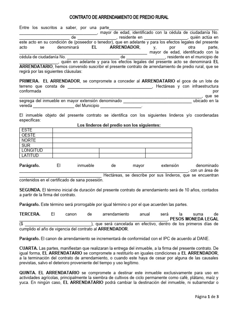 Modelo Contrato de Arriendo de Predio Rural 2024 | PDF | Derecho