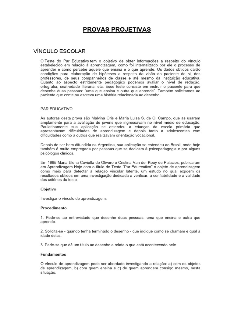 Vínculo Escolar - Provas Projetivas | PDF | Aprendizado | Desenho