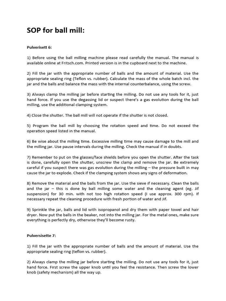 O150 - Sop For Ball Mill | PDF | Industrial Processes | Secondary ...