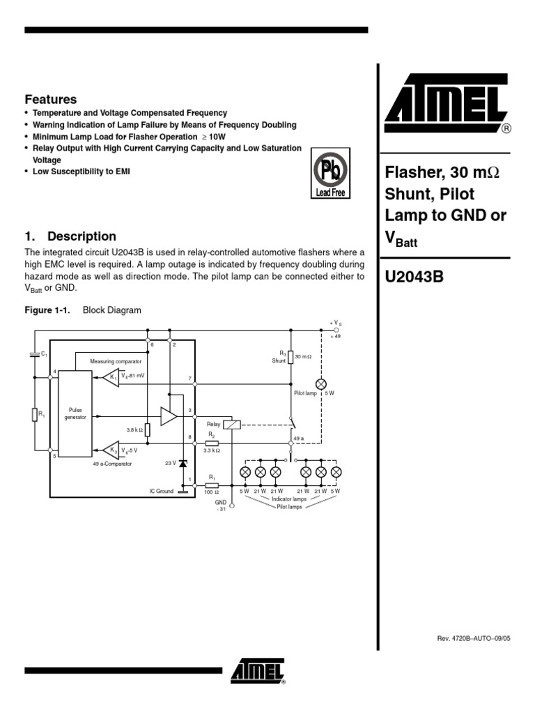 Flasher, 30 M Shunt, Pilot Lamp To GND or V U2043B: Features | PDF | Relay | Resistor