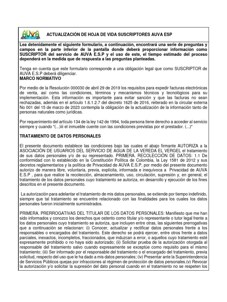 Actualización de Datos para Suscriptores AUVA | PDF | Documento de identidad | Privacidad