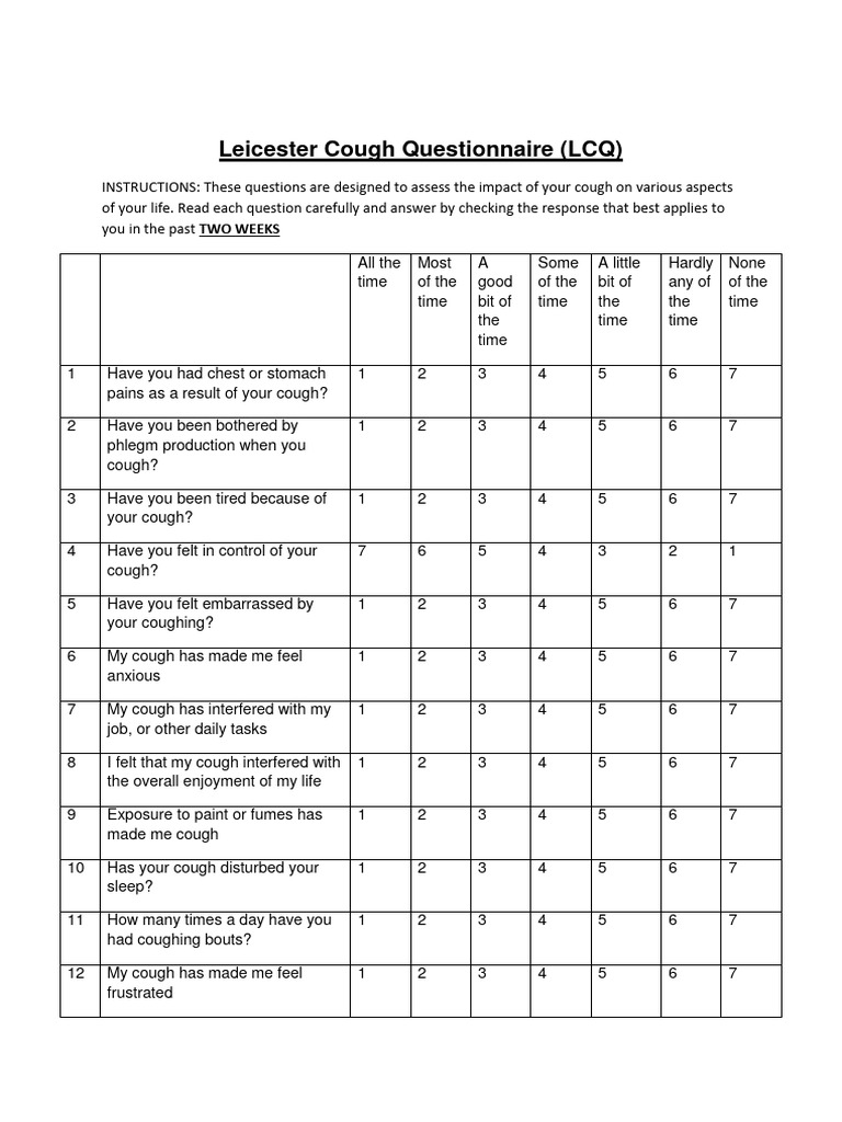 Leicester Cough Questionnaire Guide | PDF | Cooking, Food & Wine | Self ...