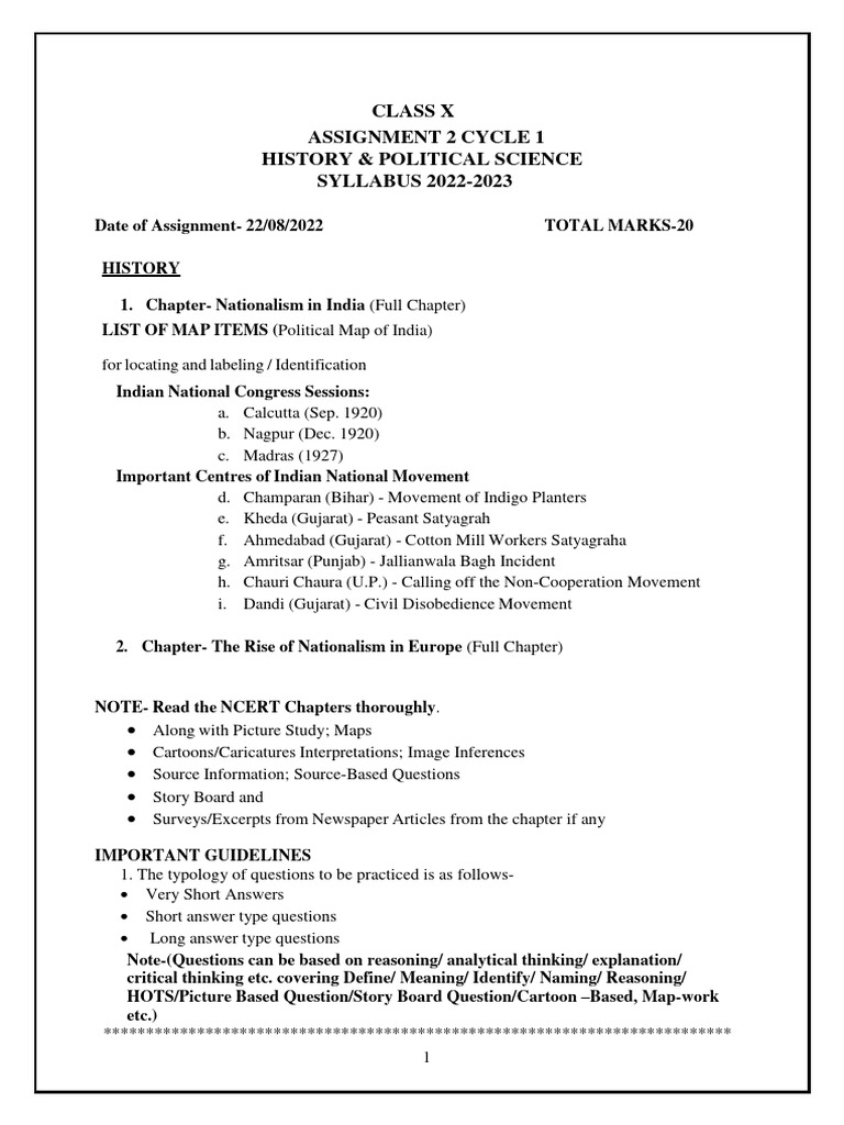 Class X-History & Pol Science-Assignment 2 Cycle 1 Syllabus (2022-23) | PDF