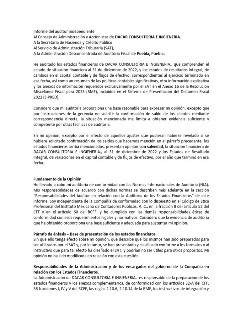 Opinion Dictamen Con Salvedad | PDF | Auditoría | Estado financiero