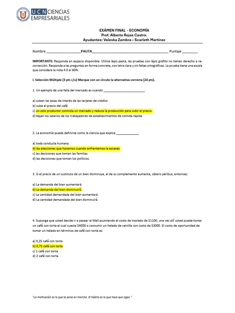 Examen Final de Economía - Prof. Rojas | PDF | Excedente económico ...