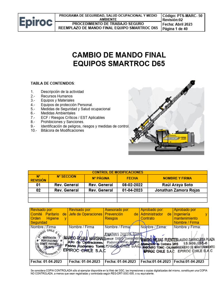 PTS Marc 50 Cambio de Mando Final en Equipos Smartroc D65 Actualizado | PDF | Seguridad y salud ...