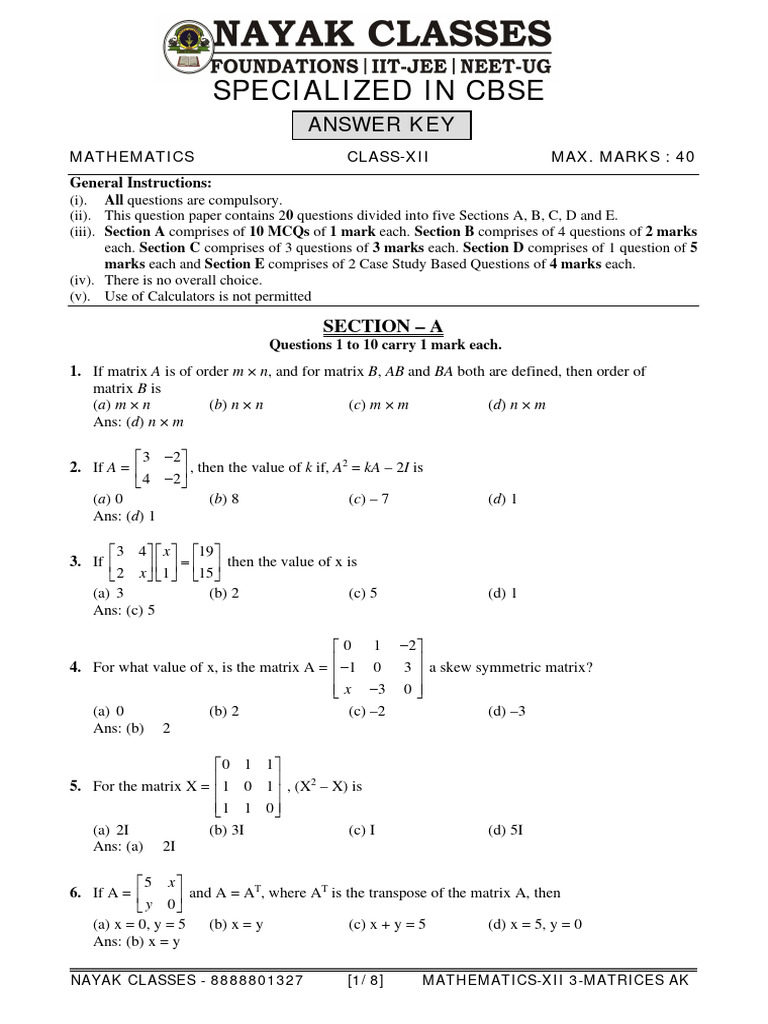 Maths Class Xii Chapter 03 Matrices Practice Paper 03 2024 Answers | PDF | Matrix (Mathematics ...