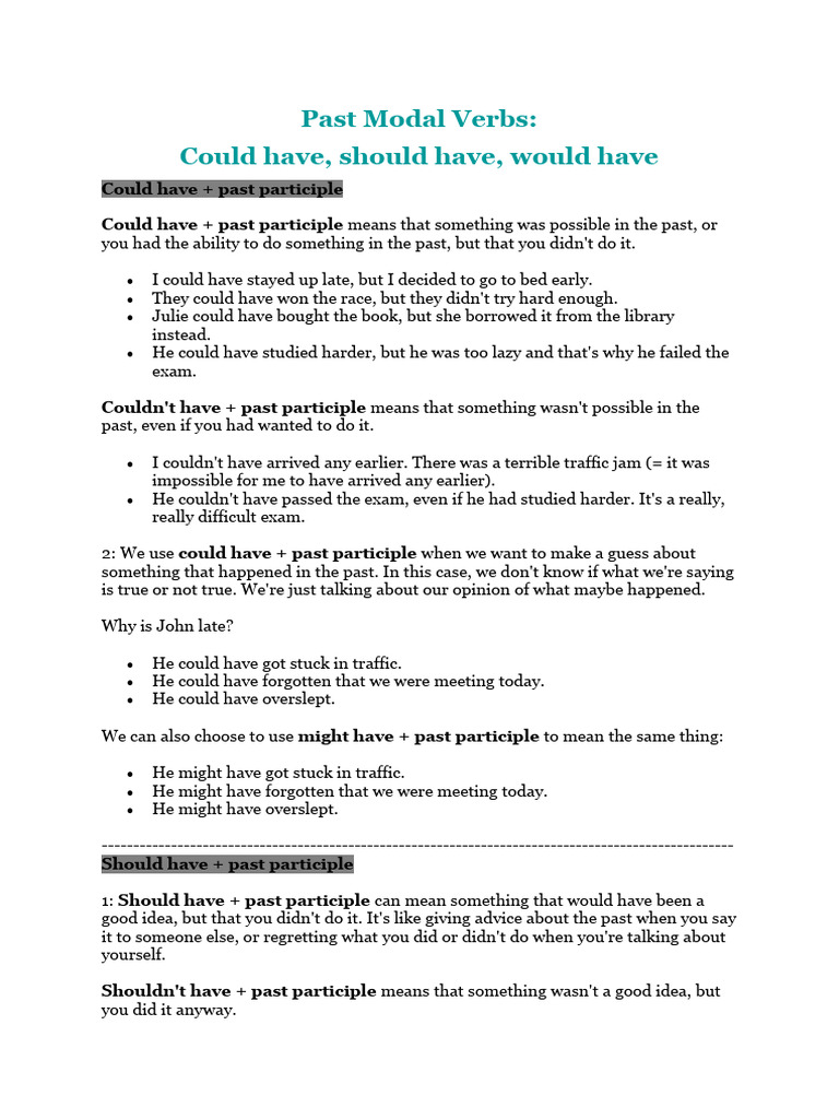 Past Modal Verbs Could Have Would Have Should Have | PDF | Syntax ...