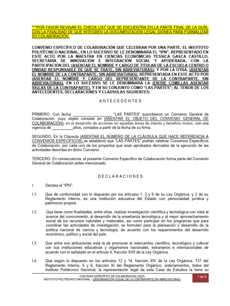 Formato - Convenio Especifico Colaboracion - 2023-Dri | PDF | Tratado | Propiedad intelectual