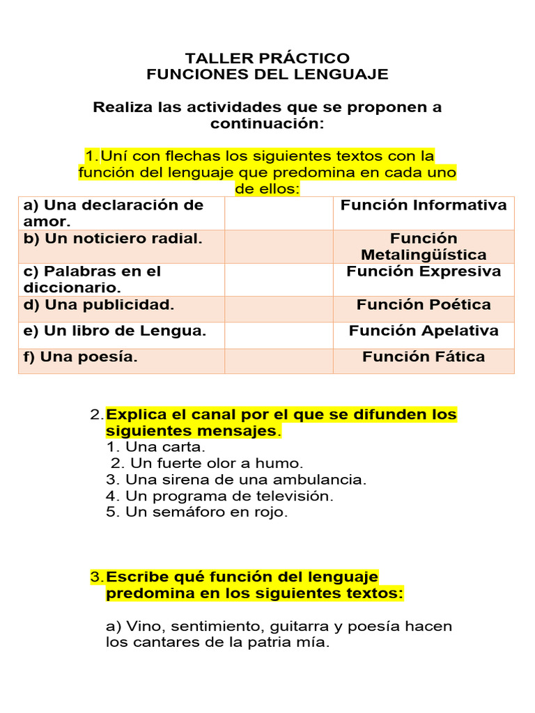 TALLER PRÁCTICO FUNCIONES DEL LENGUAJE | PDF