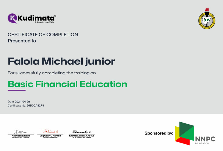 Falola Michael Junior - Kudimata - Certificate | PDF