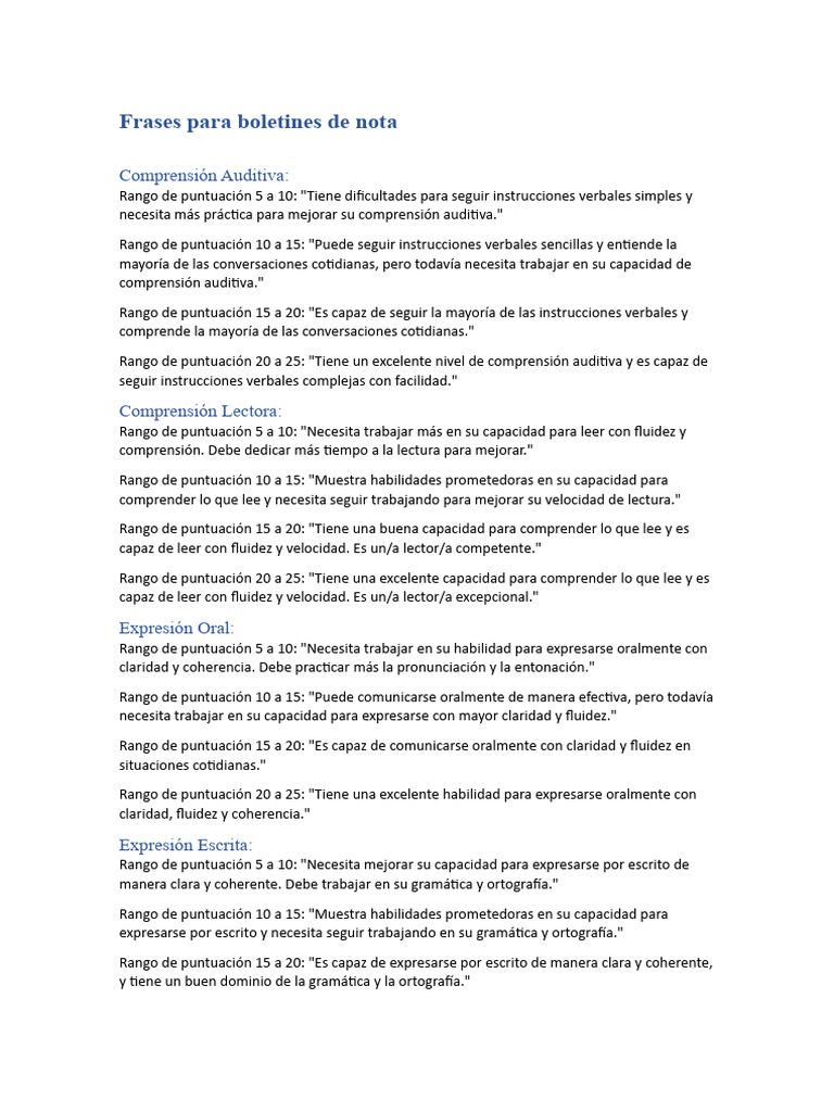 Frases para Boletines de Nota | PDF | Fluidez | Comunicación humana